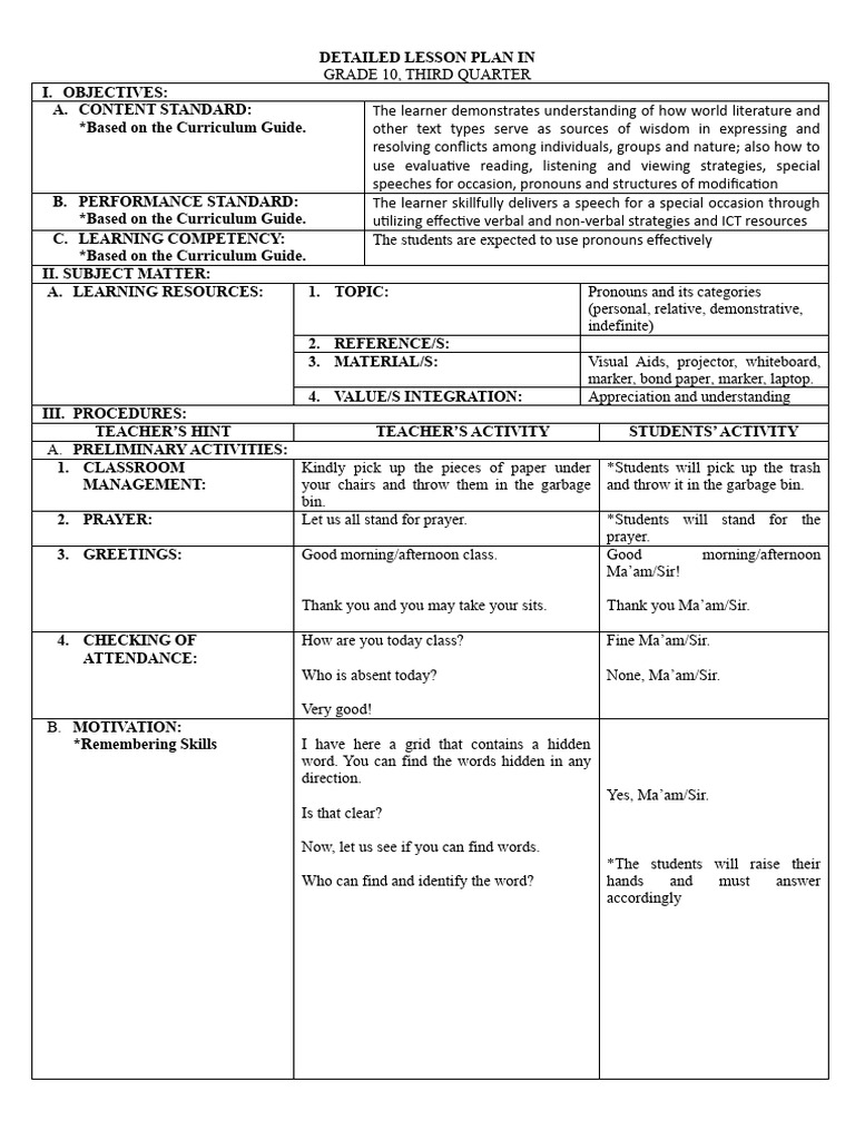 Detailed-Lesson-Plan-Jean Kyla - Pronouns | PDF | Pronoun | Lesson Plan