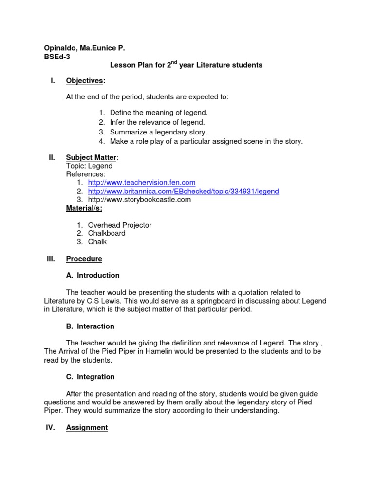 Opinaldo, Ma - Eunice P. Bsed-3 Lesson Plan For 2 Year Literature ...