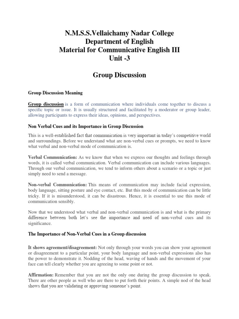 Communicative English III Unit I 3.group Discussion | PDF | Nonverbal Communication | Communication
