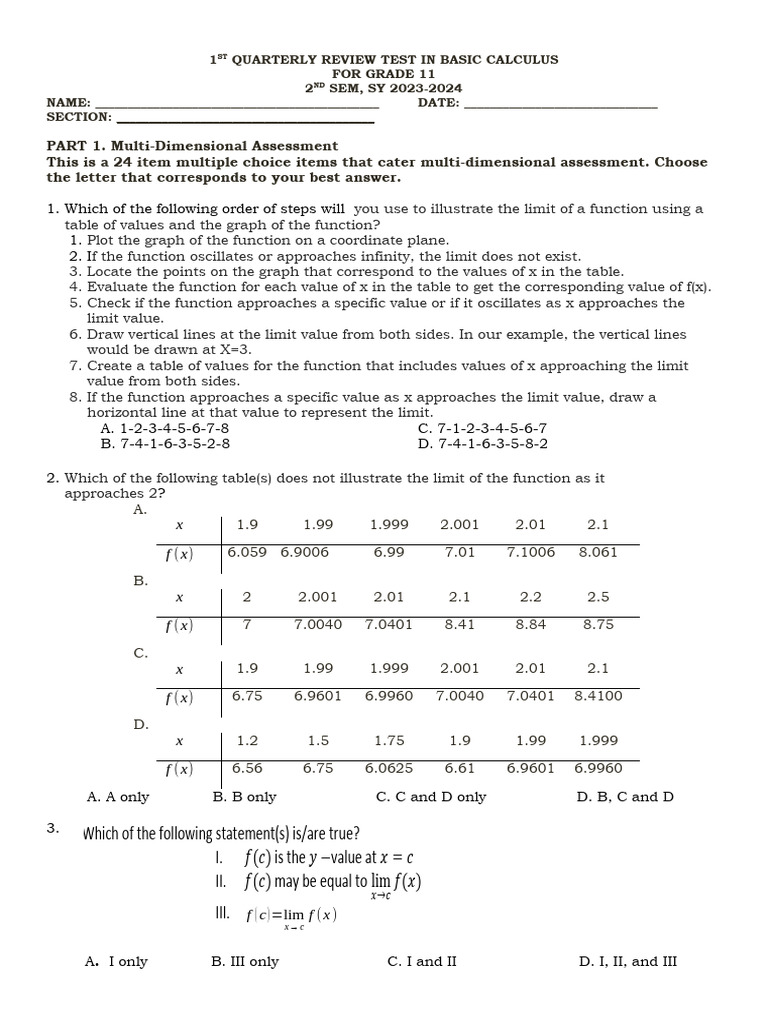 Grade 11 Basic Calculus Quarterly Test | PDF | Function (Mathematics ...