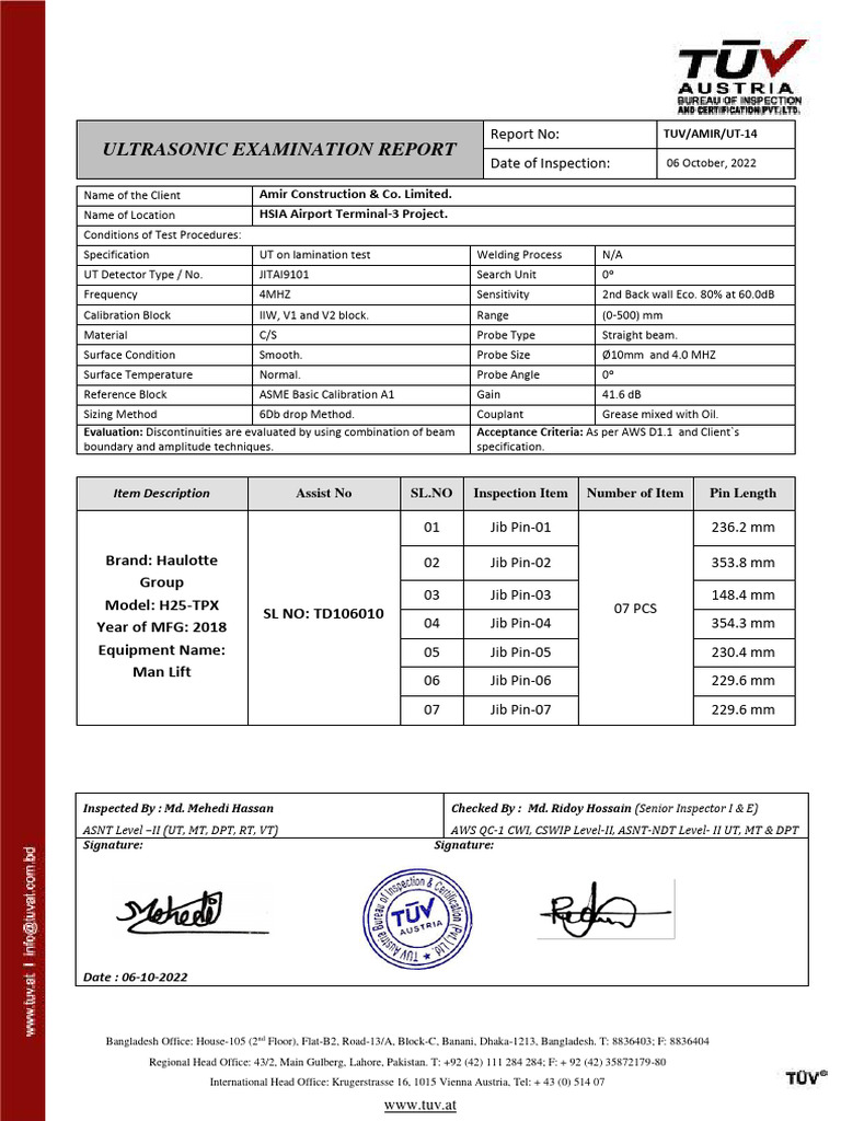 Amir Construction & Company Ltd. Manlift UT Report-14 (06.10.22) | PDF | Applied And ...