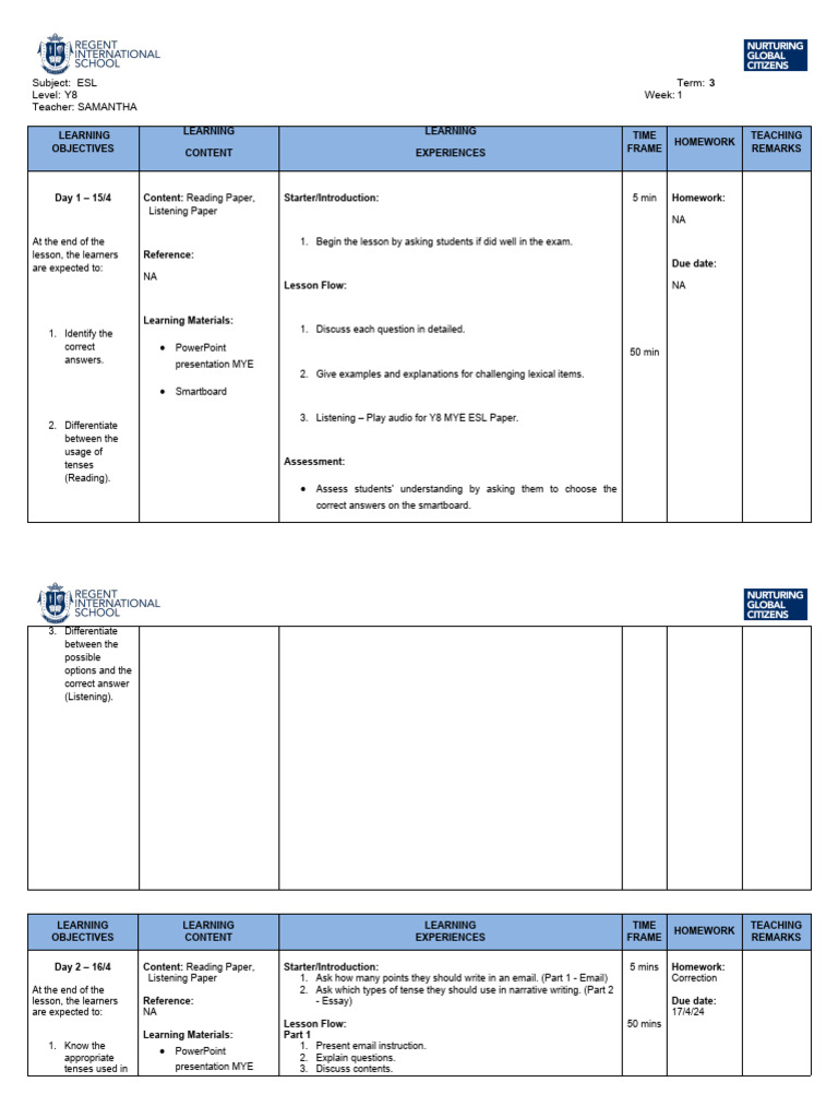 Y8 ESL Wk1 LP | PDF | Learning | English As A Second Or Foreign Language