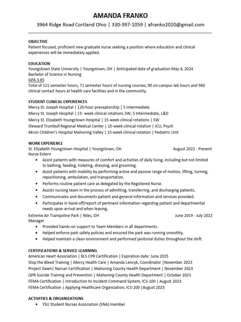 amanda franko 2024 resume 1-2 | PDF | Nursing | Patient