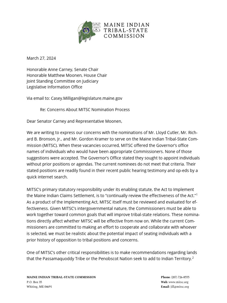 Letter from Maine Tribal Relations Board | PDF | Indian Reservation ...