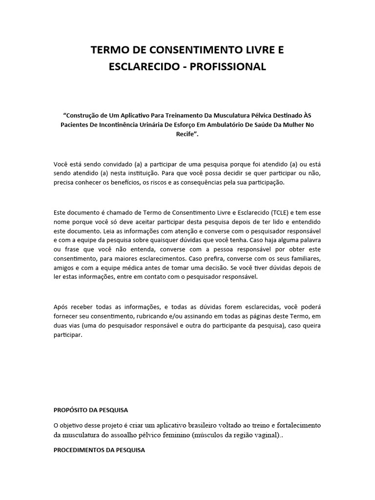 TCLE PROFISSIONAL Modelo | PDF | Consentimento Livre e Esclarecido