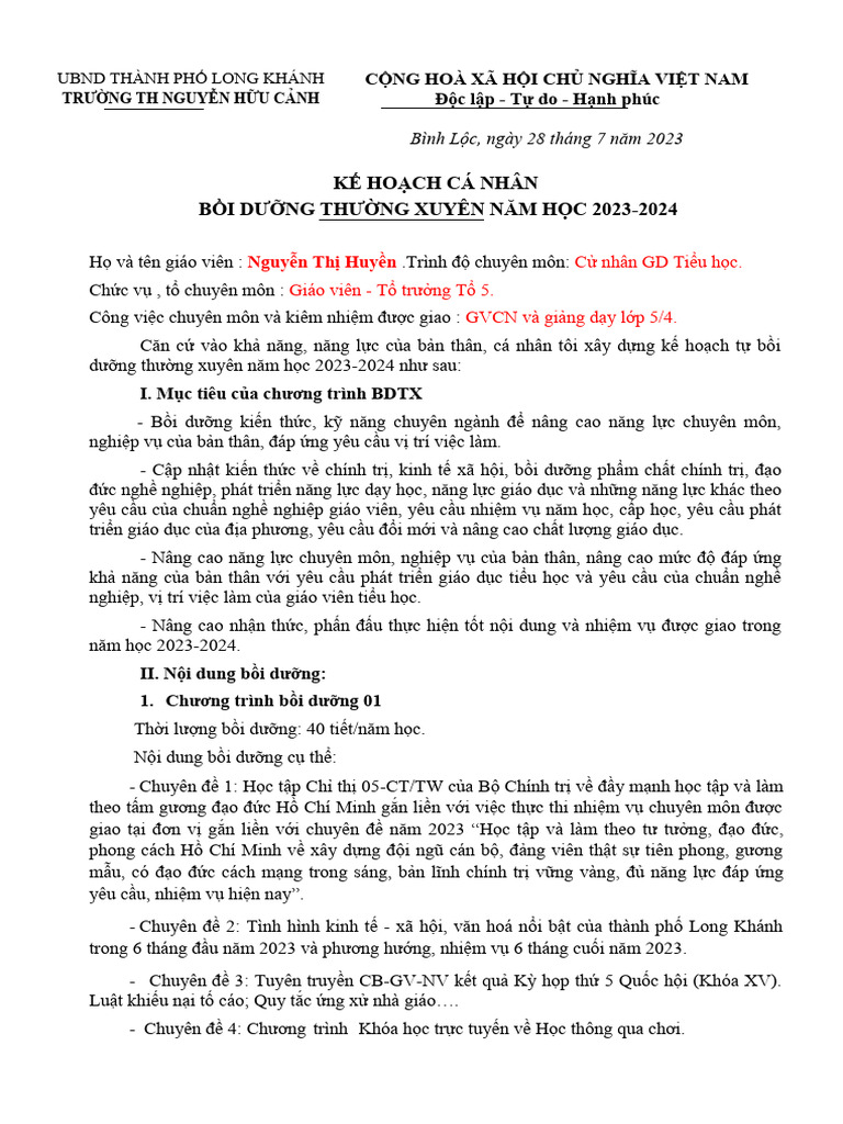 KH BDTX GIAO VIEN 2023-2024 Huyền | PDF