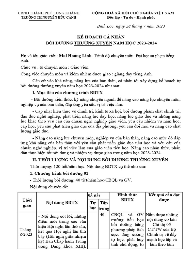 KH BDTX GIAO VIEN 2023-2024 Huyền-MỚI | PDF