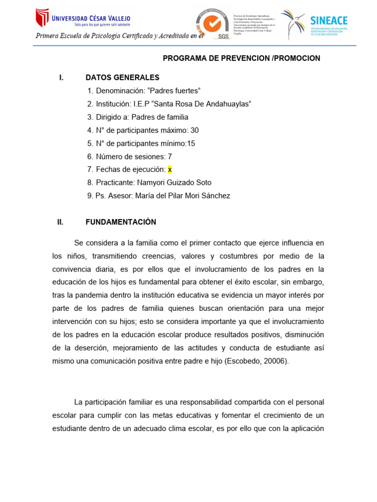 Esquema Programa Prevencion-Promocion | PDF | Las emociones | Sicología