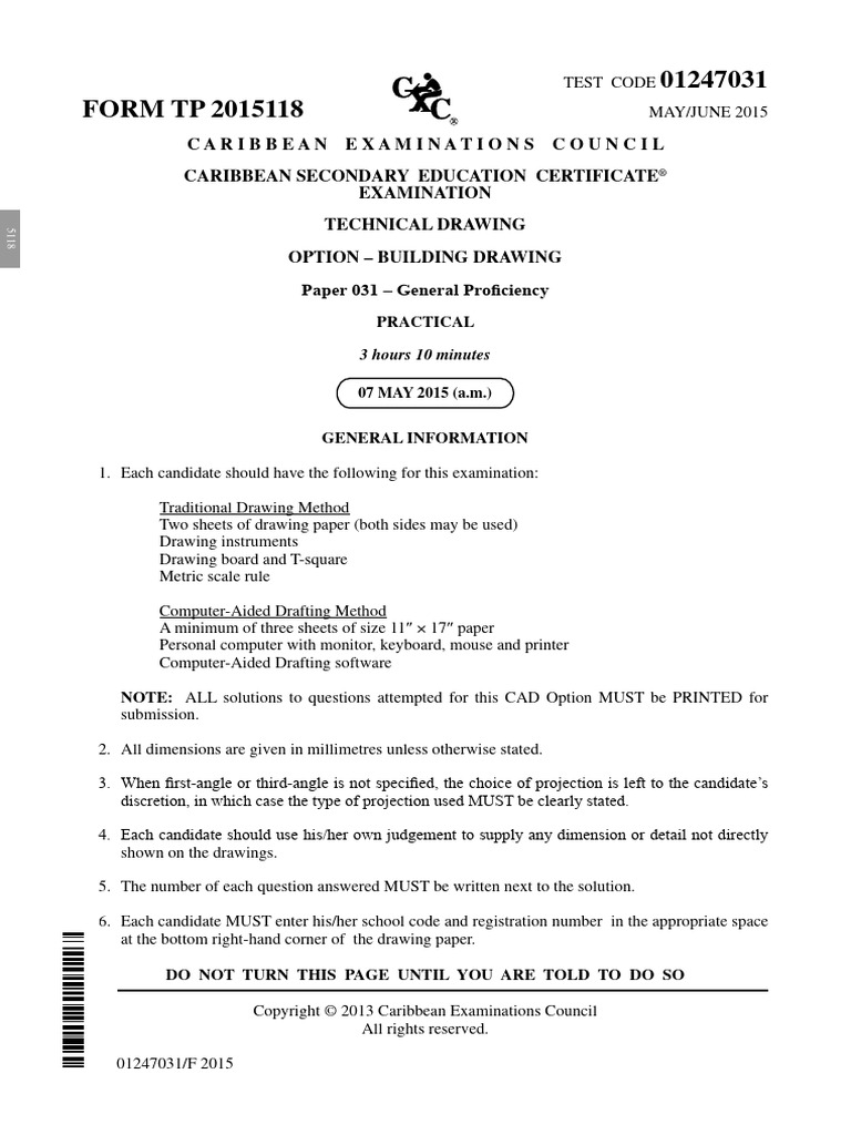 CSEC Technical Drawing 2015 P31 - Building Drawing | PDF | Wall | Door