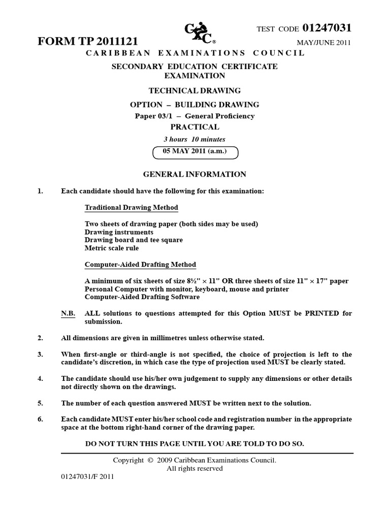 CSEC Technical Drawing 2011 P31 - Building Drawing | PDF | Door | Drawing