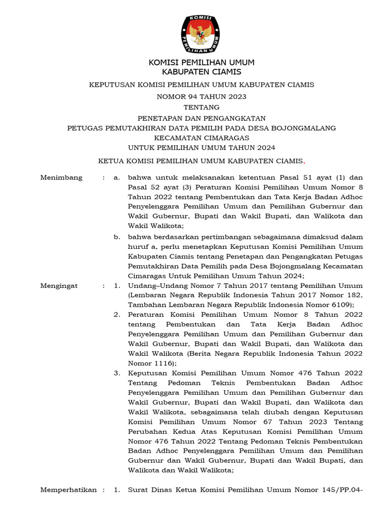 Template SK Penetapan Dan Pengangkatan Pantarlih Pasca Pemetaan Tps | PDF