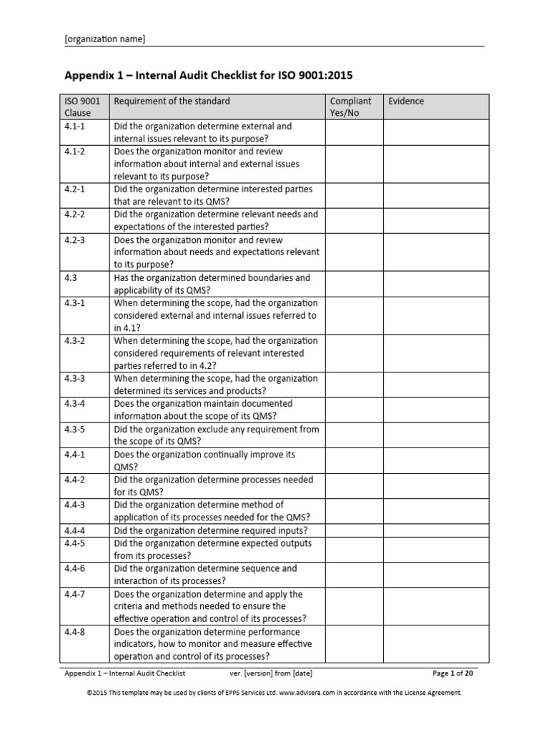15.1 Appendix 1 Internal Audit Checklist EN | PDF | Quality Management System | Audit