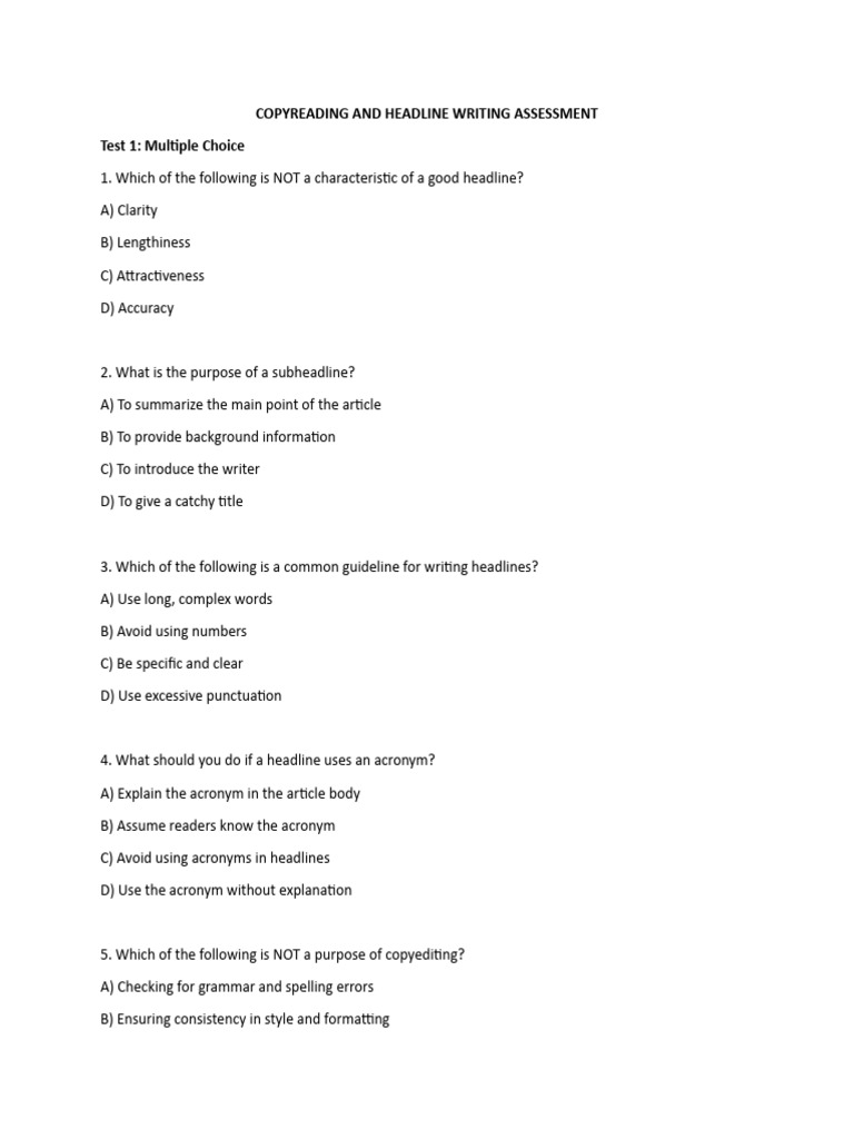 Copyreading and Headline Writing Assessment | PDF | Copy Editing | Grammar