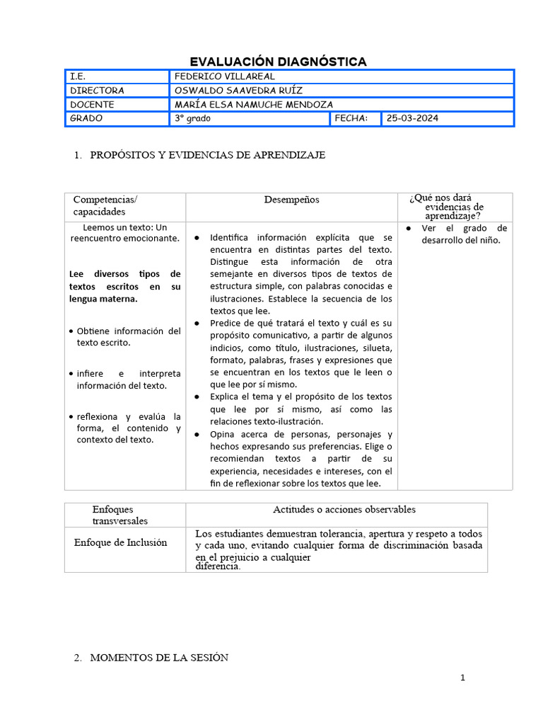SESION DE APRENDIZAJE EVALUACIÓN DIAGNOSTICA LECTURA | PDF | Aprendizaje | Evaluación