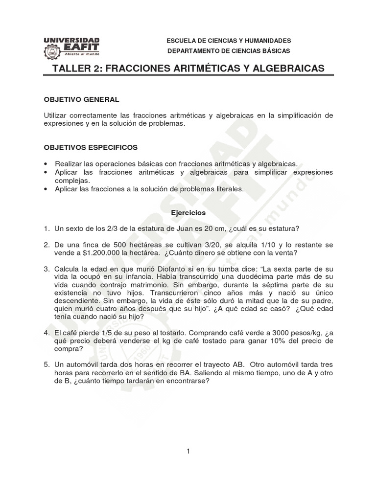 Taller Fracciones Aritmeticas y Algebraicas Eafit | PDF | Matemática Elemental | Aritmética