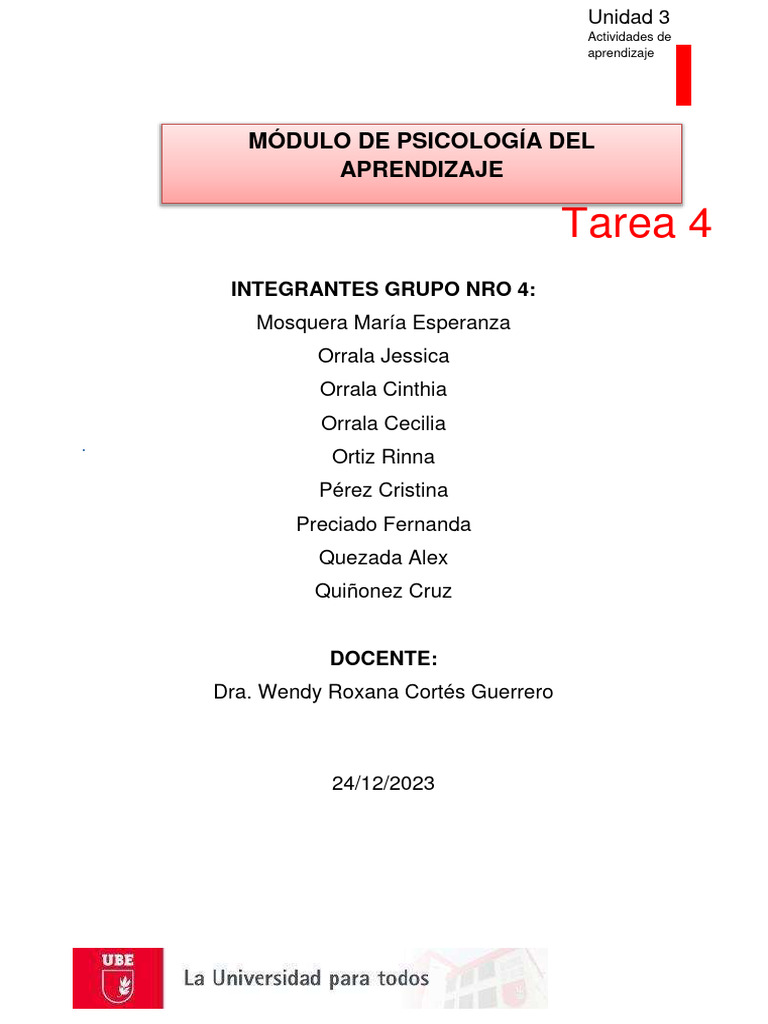 Tarea Práctica 4. Unidad 3. APRENDIZAJE - Grupo 4 | PDF | Plan de estudios | Aprendizaje