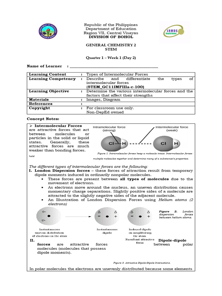 Gchem2 Q3 Las WK1 Day2 | PDF | Intermolecular Force | Chemical Polarity