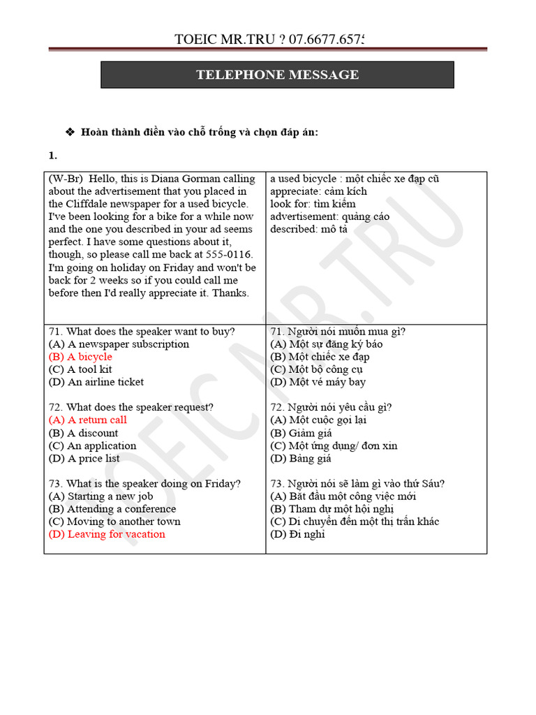 Chủ đề Telephone Message | PDF