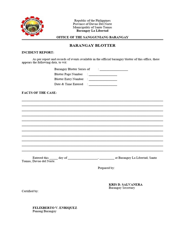 Blotter Report Form Pdf