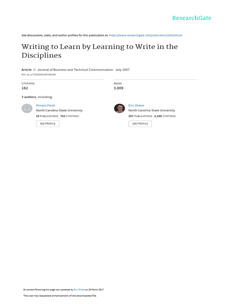 Writing To Learn by Learning To Write in The Disci | PDF | Learning | Cognition