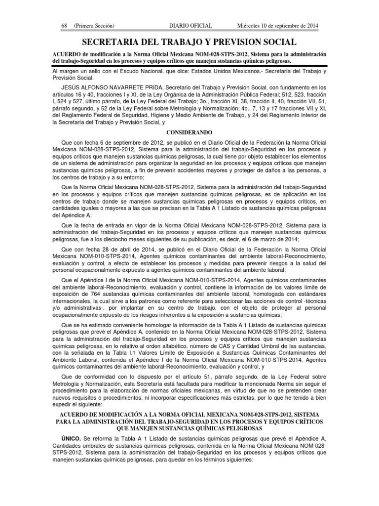 Nom 028 STPS 2012 | PDF | Riesgo | Contaminación