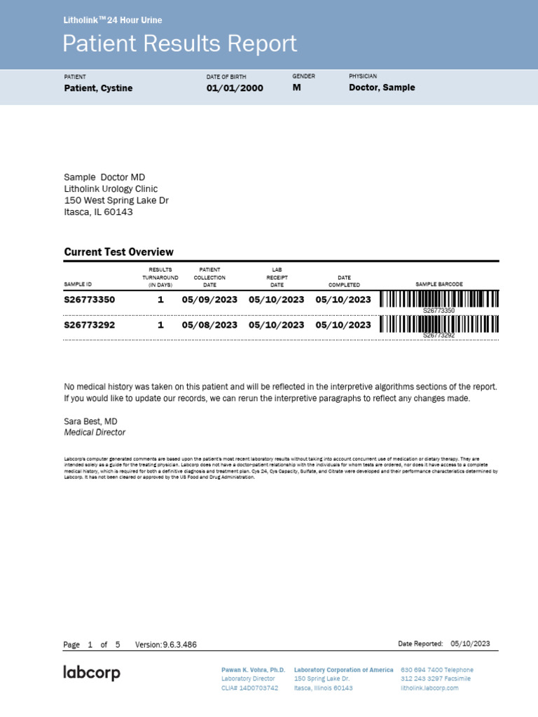24 HR Urinary Electrolytes Sample Cystine Report 910245 - FINAL | PDF ...