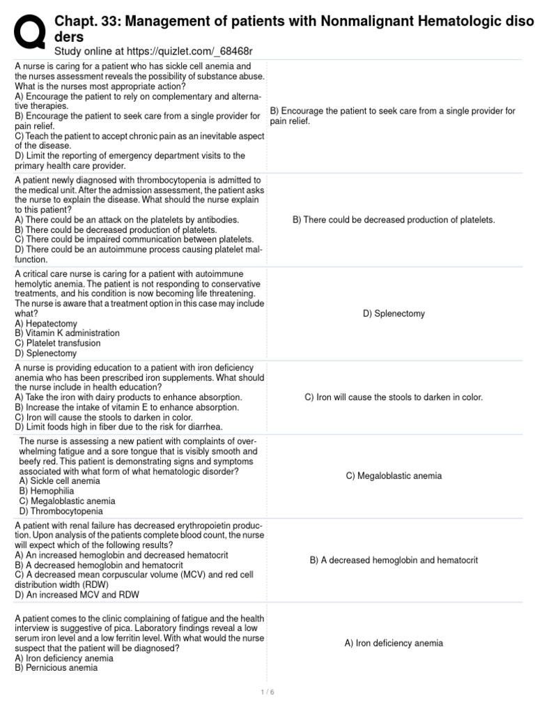 Chapter 33 Nonmalignant Quizlet 4 | PDF | Anemia | Bleeding