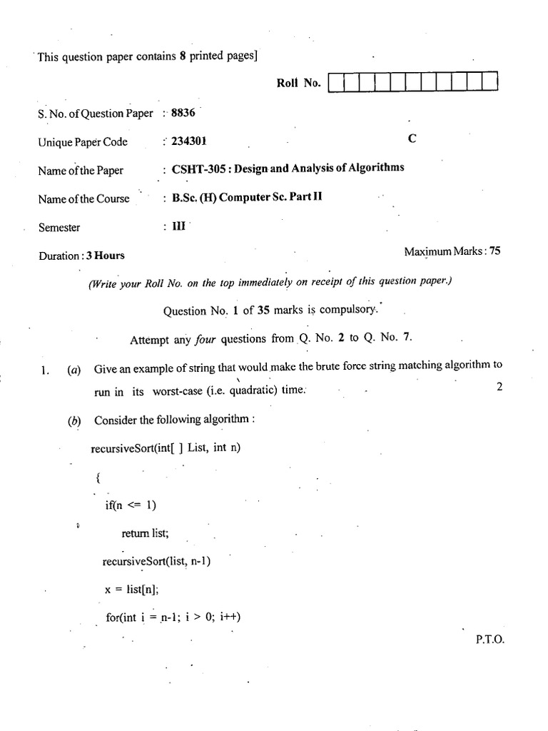 BSC (Hons) Computer SC Part II Design & Analysis of Algorithms | PDF