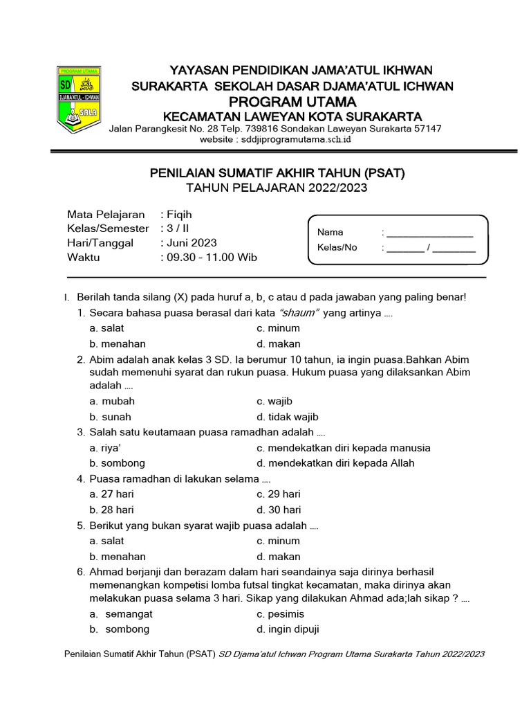 Psat Fiqih Kelas 3 2023 | PDF