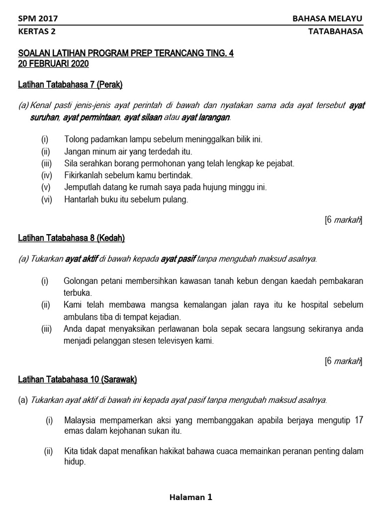 Soalan Latihan Program Prep Terancang Ting 4 20 Februari 2020 | PDF