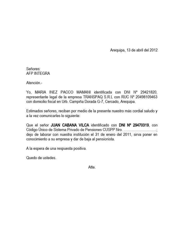 Carta de cese laboral para AFP | PDF | Pensión | Beneficios para empleados