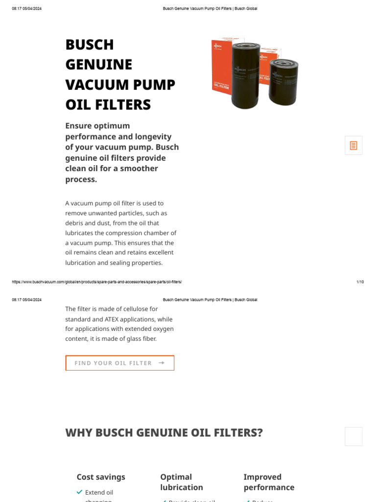 Busch Genuine Vacuum Pump Oil Filters | PDF | Filtration | Pump