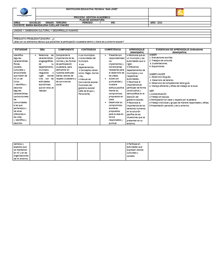 Formato Plan de Asignatura Sociales 2024. | PDF | Aprendizaje | Maestros