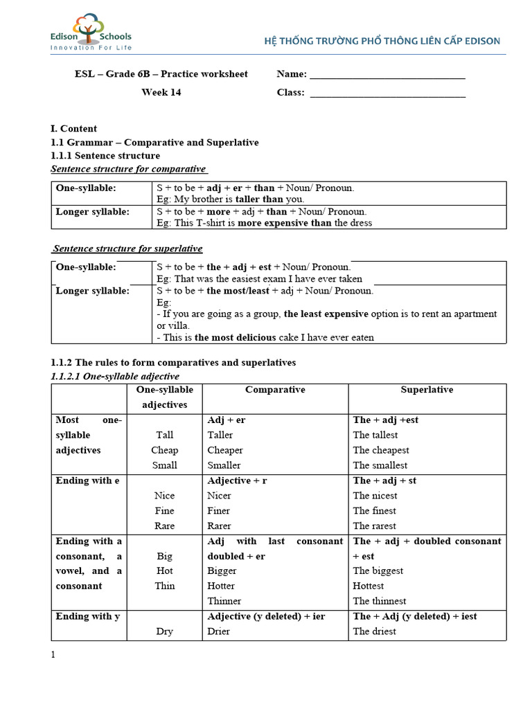 ESL Grade 6B Comparative & Superlative Worksheet | PDF | Adjective | Syntax