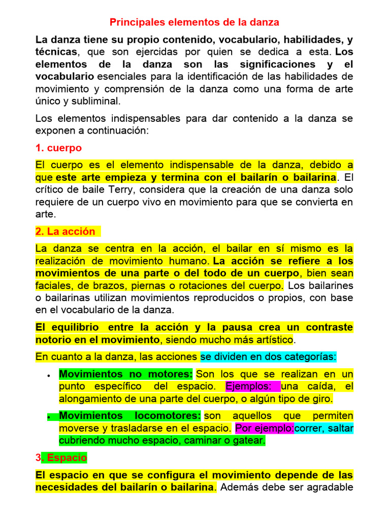 Arte y Cultura, 2°,principales Elementos de La Danza | PDF | Bailes | Ritmo