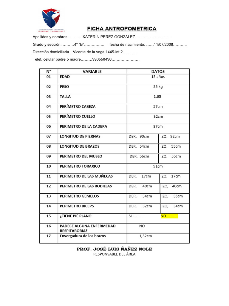 Ficha Antropometrica Sec. 2024 | PDF