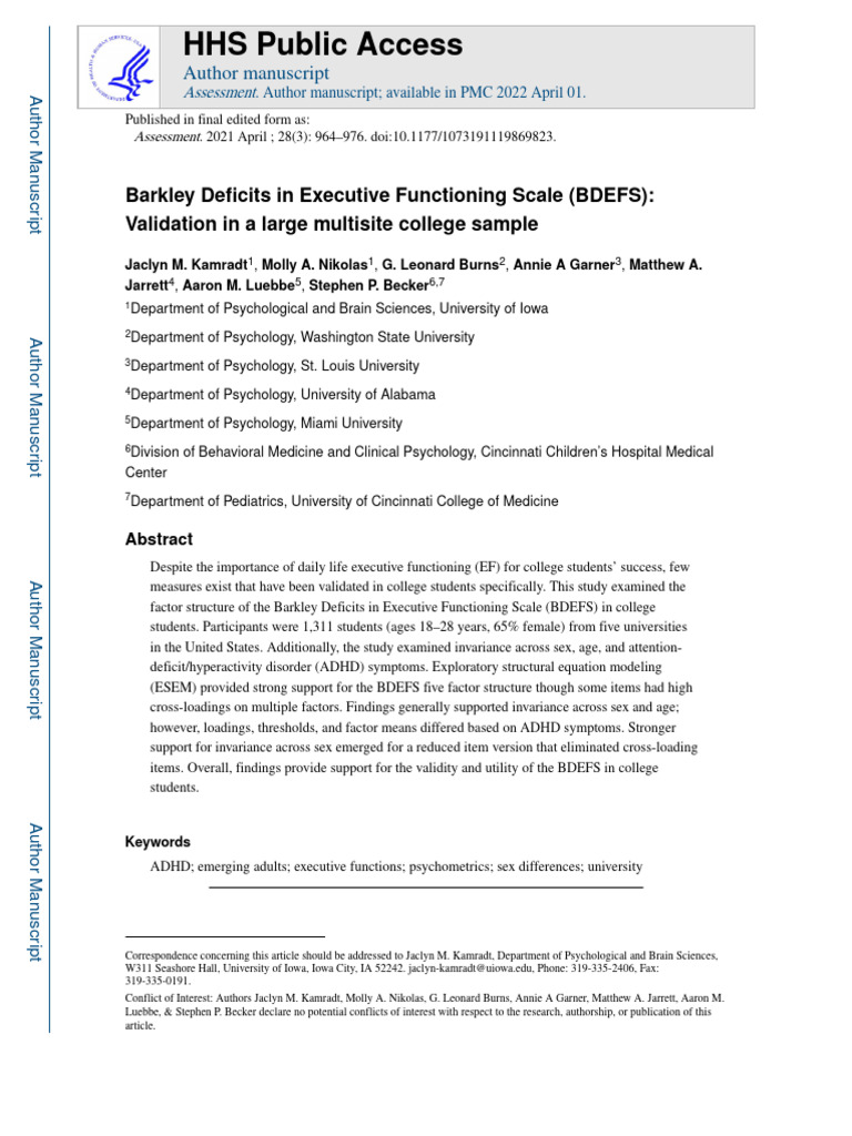 Barkley Deficits in Executive Functioning Scale (BDEFS) Validation in A Large Multisite College ...
