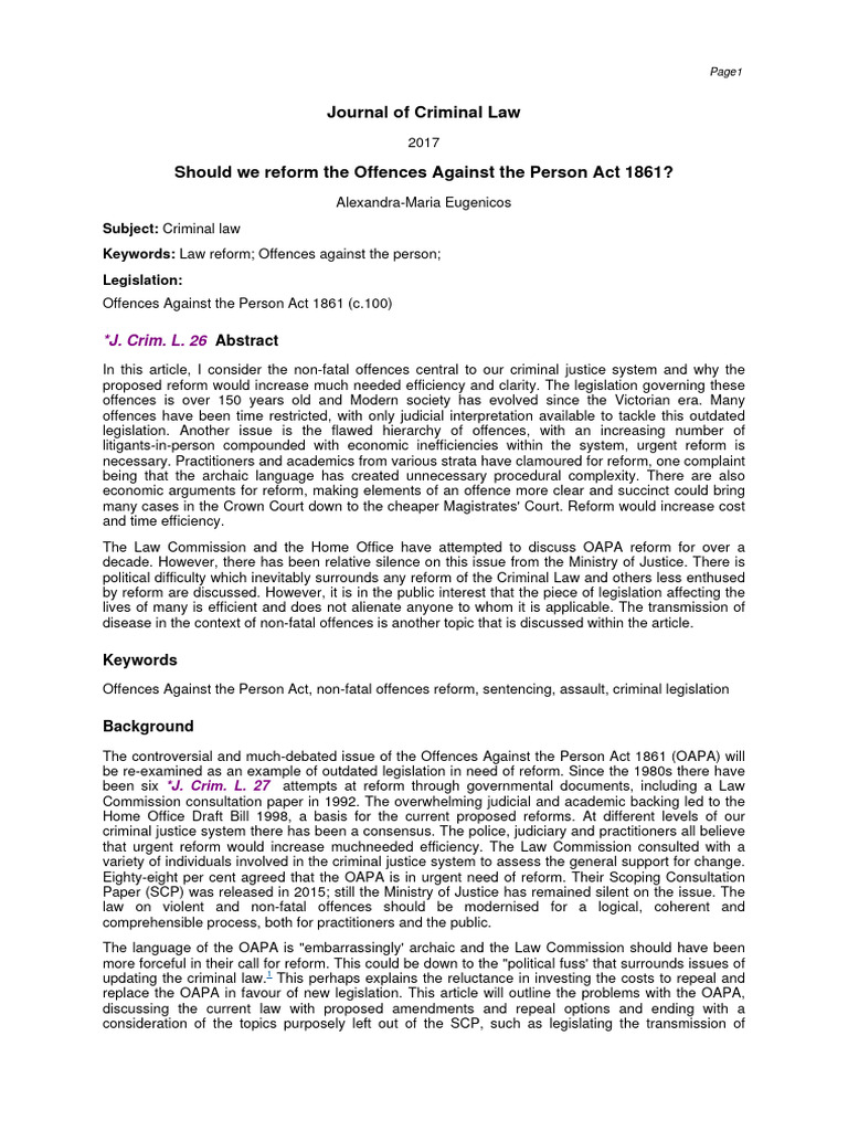 Should We Reform The Offences Against The Person Act 1861 | PDF ...