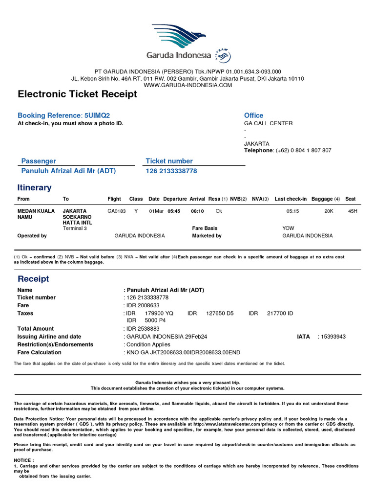 Garuda Indonesia Electronic Ticket Receipt | PDF