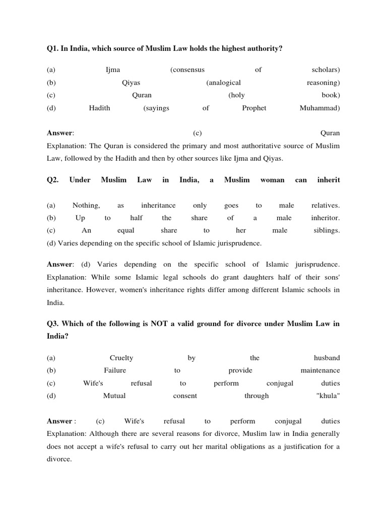 Chapter 2 Imp Questions Muslim Law | PDF | Sharia | Marriage