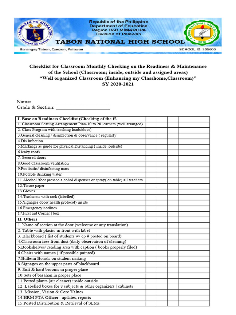 Classroom Readiness & Maintenance Checklist | PDF | Classroom