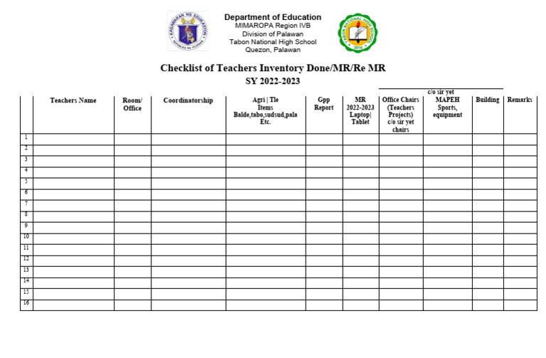 Checklist of Teachers Inventory Done MR Re MR | PDF