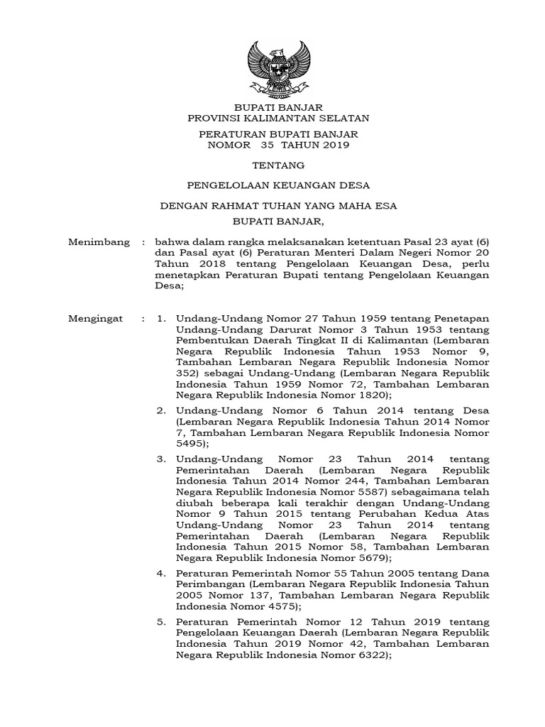 Perbup Nomor 35 Tahun 2019 Tentang Pengelolaan Keuangan Desa | PDF