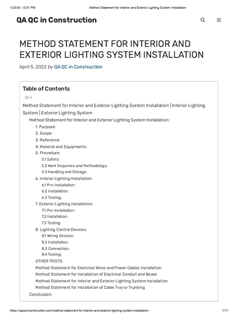 Method Statement For Interior and Exterior Lighting System Installation ...