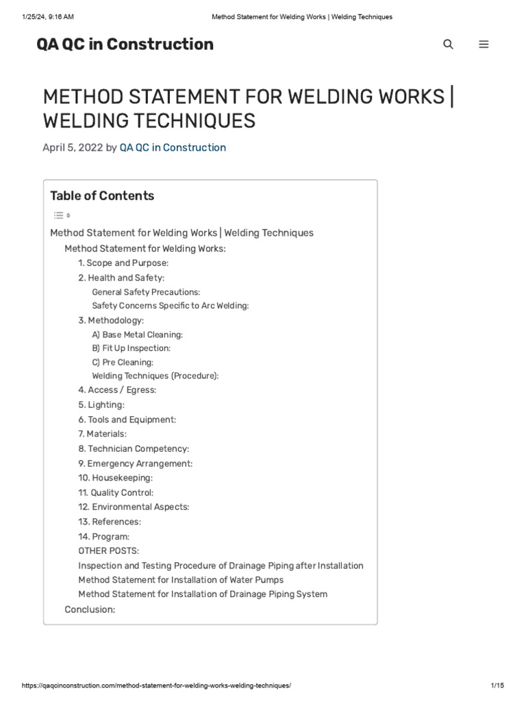 Method Statement For Welding Works - Welding Techniques | PDF | Welding ...