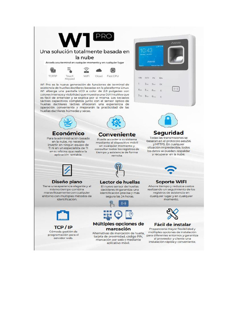 W1PRO ANVIZ Especificaciones | PDF