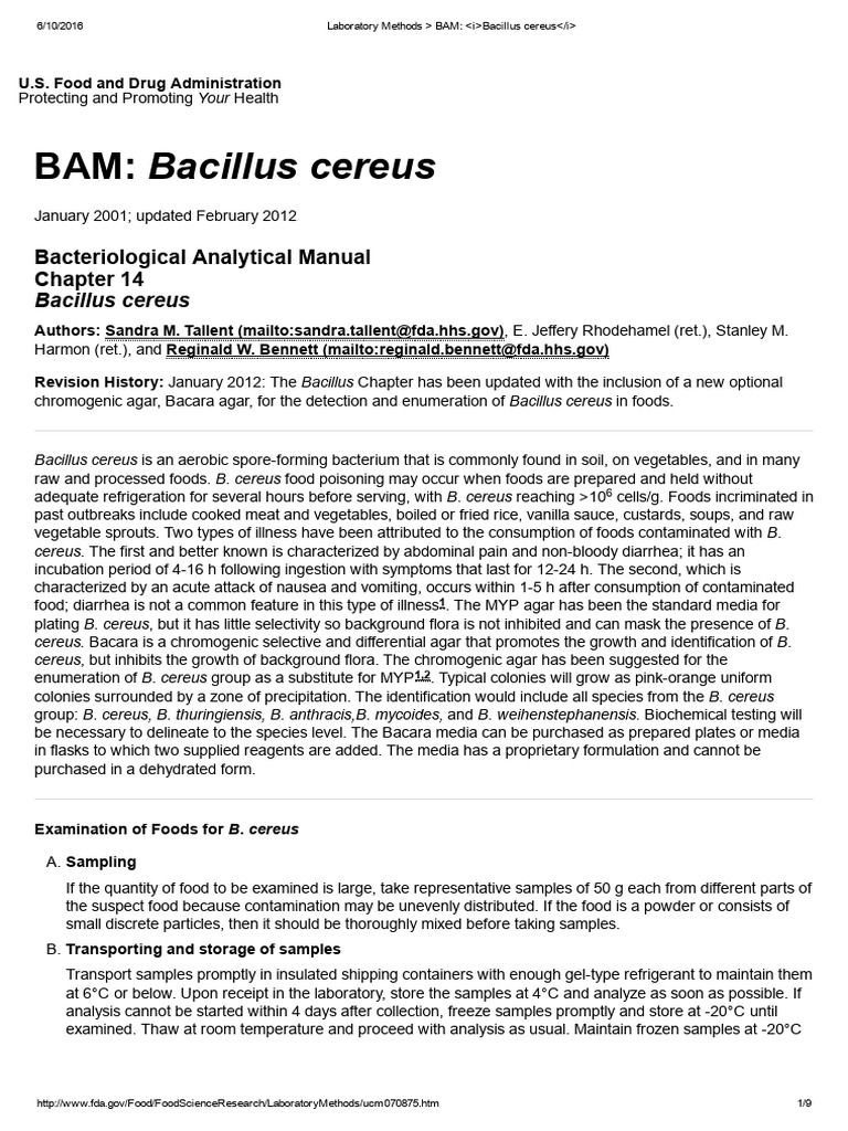 Laboratory Methods - BAM - I - Bacillus Cereus - I | PDF | Growth ...