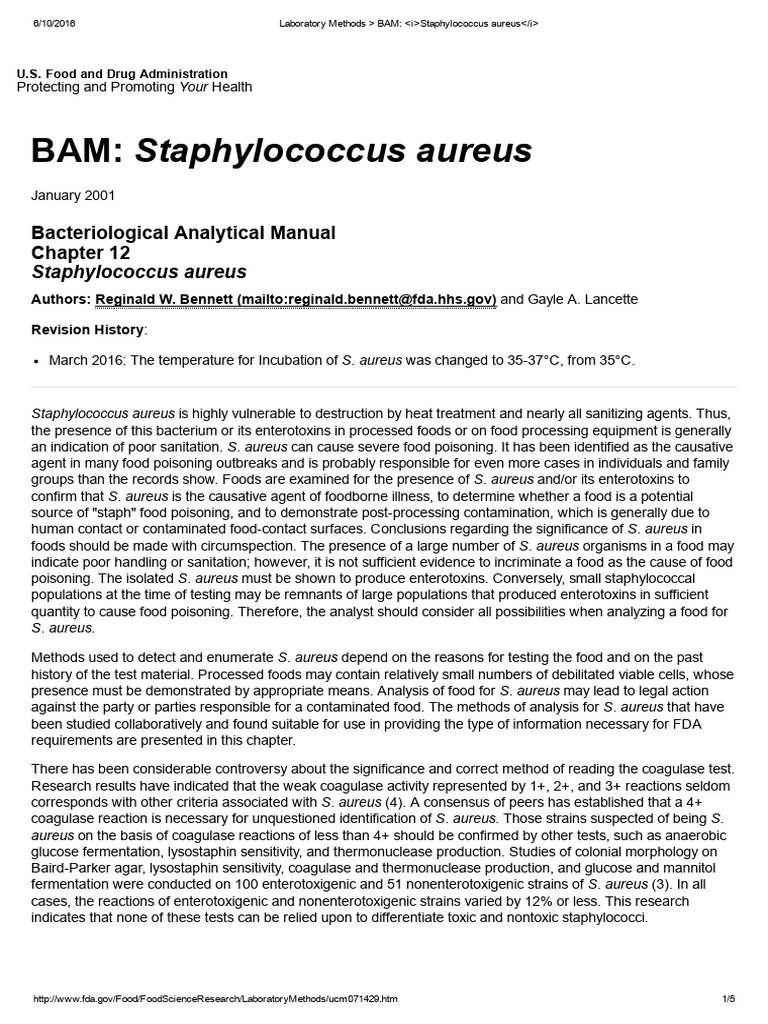 Laboratory Methods - BAM - I - Staphylococcus Aureus - I | PDF | Foodborne Illness ...