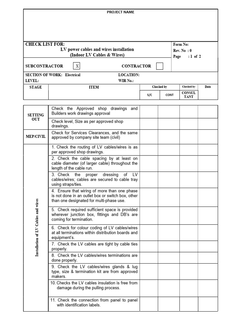 LV Cable Installation Checklist | PDF | Electrical Wiring | Electrical ...