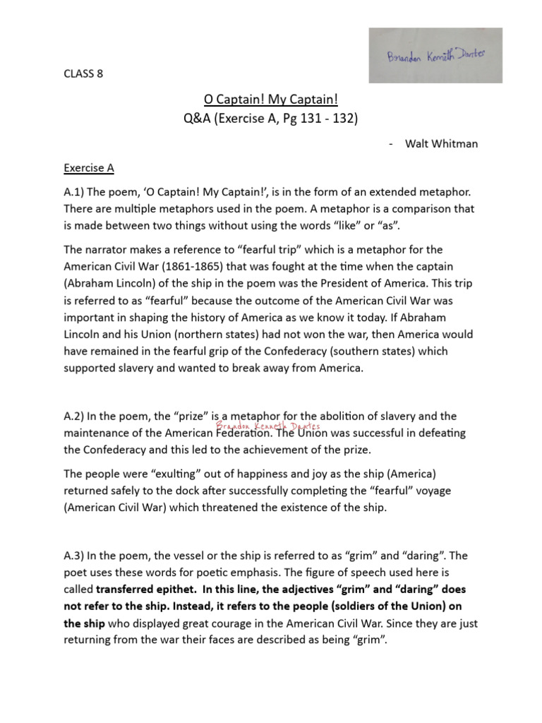 O Captain! My Captain! (Class 8) | Download Free PDF | American Civil ...
